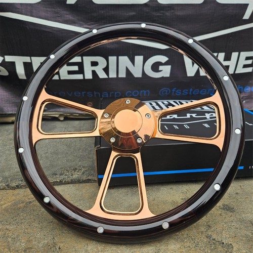 14" Rose Gold Steering Wheel with Dark Flame Pine Half Wrap, Rivets, and Horn | eBay