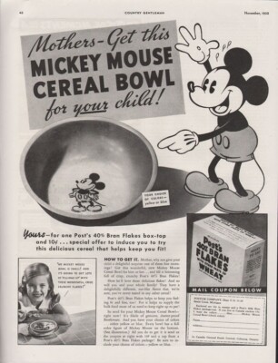 1935 MICKEY MOUSE DISNEY BOWL POST CEREAL FOOD COOK AD16517 | eBay