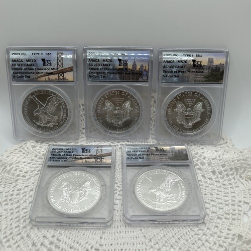 2021 W/S/P SILVER EAGLE 5 COIN SET ANACS MS70 KEY DATE | eBay