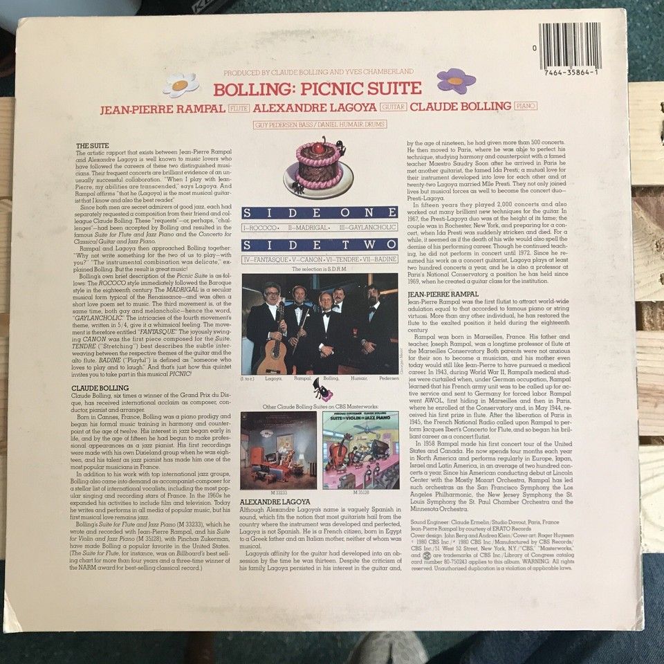 CLAUDE BOLLING-JEAN PIERRE RAMPAL-ALEXANDRE LAGOYA~Picnic Suite~LP ...