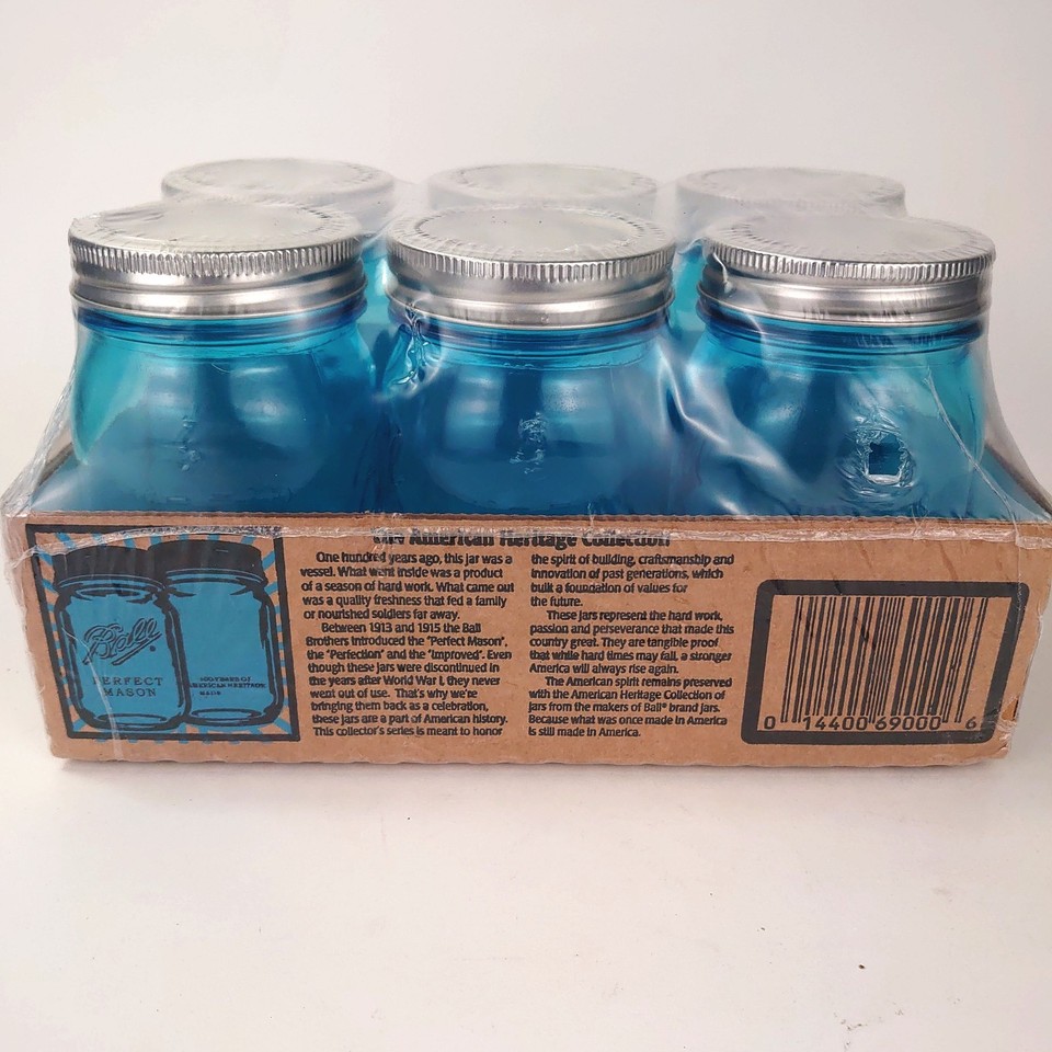 6 New Blue 100th Anniversary Vintage Style Pint Ball Mason Jars ...