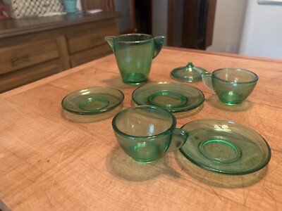 Vintage Children Dishes 7 Piece Stippled Band Transparent Green Good ...