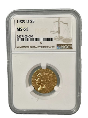 NGC MS 61 1909-D $5 Dollar Indian Head Half Eagle U.S Gold Coin Pre ...