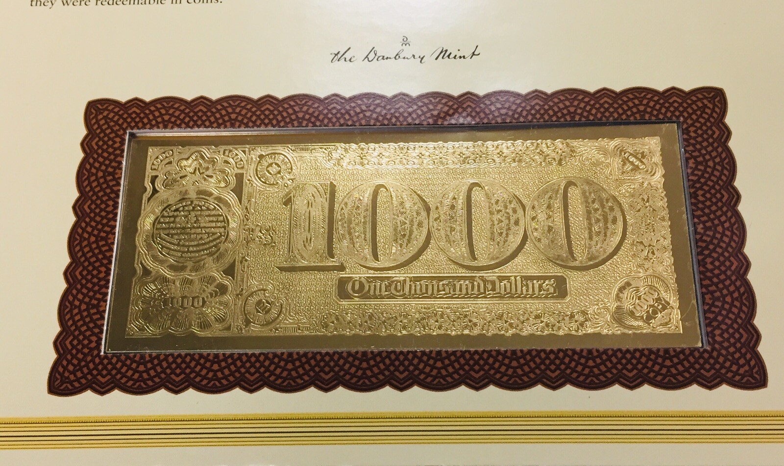 1890 $1,000 Gold Foil Treasury Note - Danbury Mint | eBay