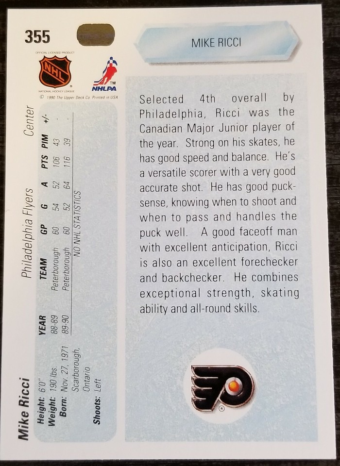 90-91 Upper Deck Hockey Mike Ricci Rookie Card #355 | eBay