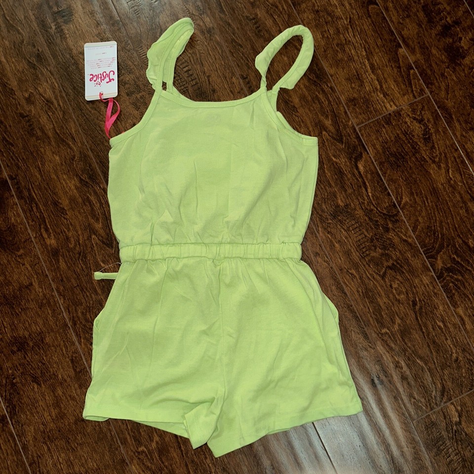 NWT Justice Girls Neon Lime Green Smiley Face Romper Jumpsuit Size S 7/ ...