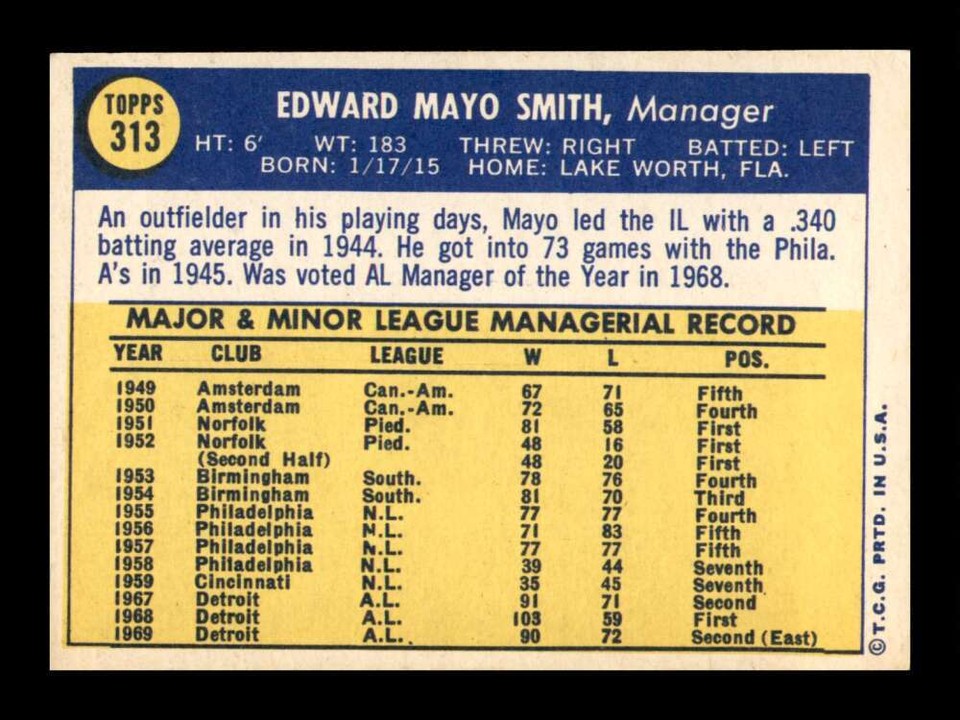 1970 Topps Mayo Smith #313 Detroit Tigers NM Near Mint | eBay