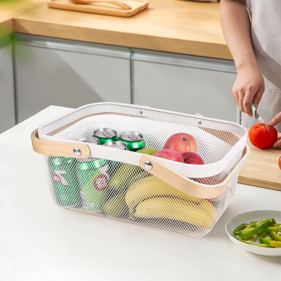 Portable Mesh Harvest Basket - Natural Bamboo Handle Foldable Organizer ...