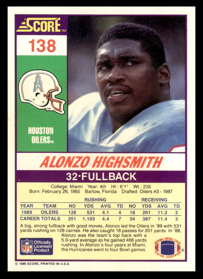 1990 Score Alonzo Highsmith #138 Houston Oilers NFL Football | eBay