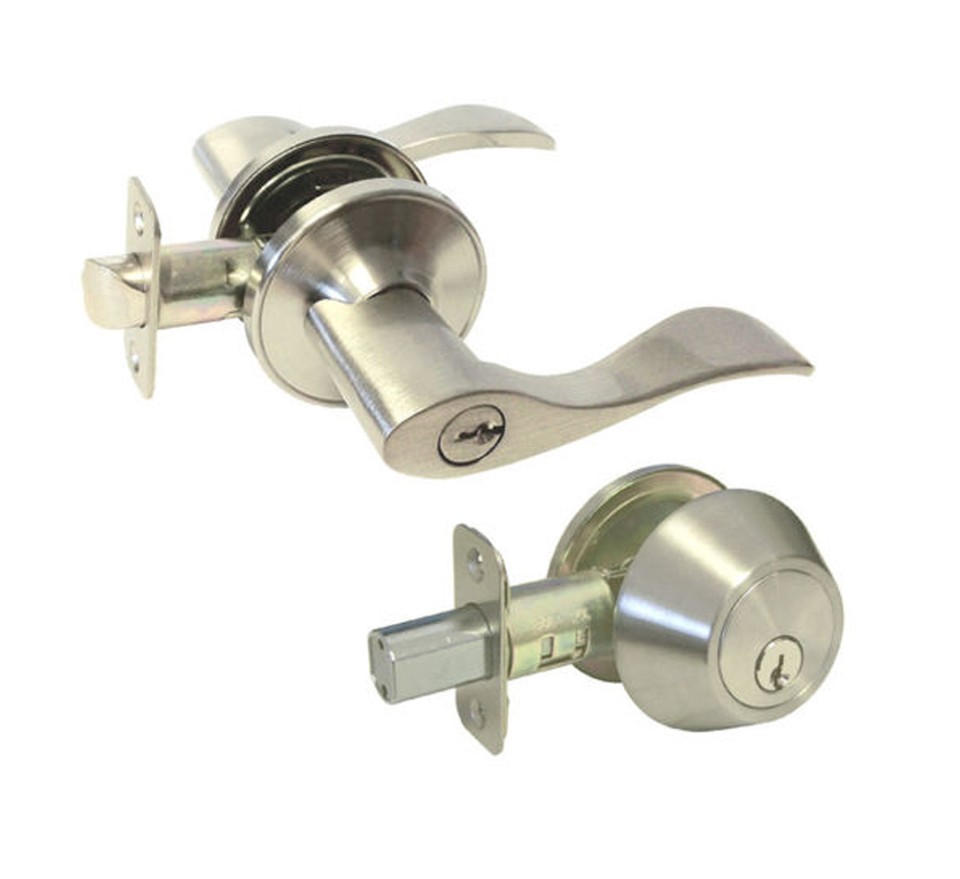 Multiple Sets of Entry Door Locks Lever Handle Satin Nickel Keyed Alike ...