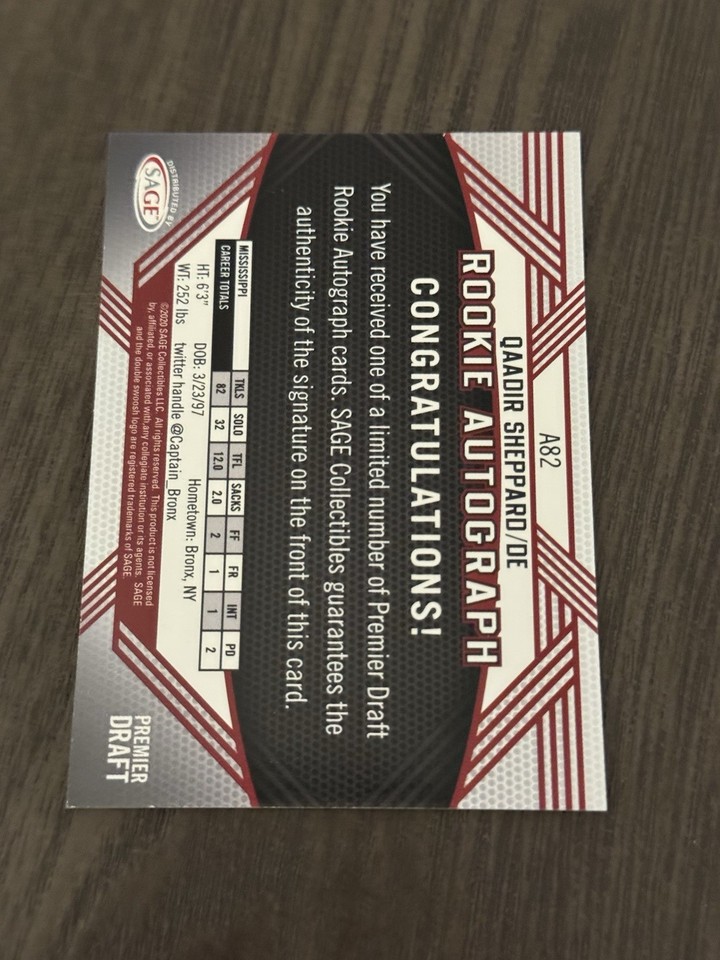 2020 Sage Hit Rookie Autographs Black #A82 QAADIR SHEPPARD Auto Signed ...