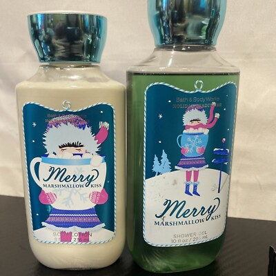 Bath & Body Works MERRY MARSHMALLOW KISS 8 oz Body Lotion 10 oz Shower ...