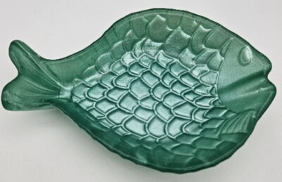 Small Teal Fish Trinket Dish Shallow Embossed Scales Glass Lined Fish ...