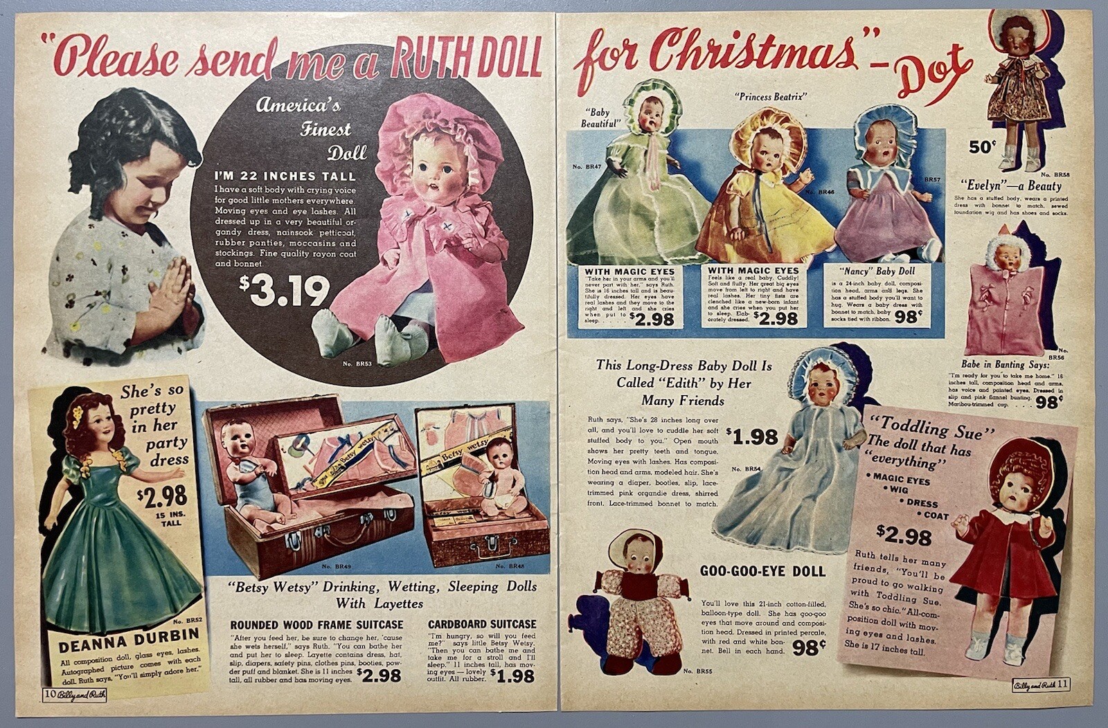 1939 - 2-PG VINTAGE PAPER PRINT AD - DEANNA DURBIN BETSY WETSY DOLL ...