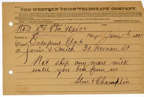 1887 Western Union Telegraph Signed Stone Champlin No Milk Jacksonville ...