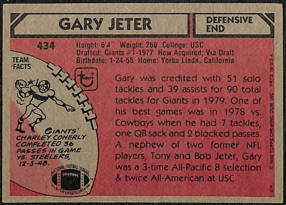 1980 Topps Gary Jeter #434 Rookie New York Giants | eBay