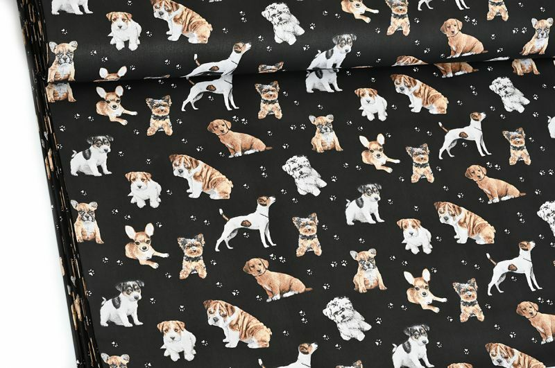 100% Cotton Fabric Dogs Black White Grey Width 160 cm (62") Fabric ...
