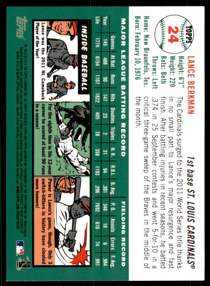 2012 Topps Archives Lance Berkman Baseball Card St. Louis Cardinals #24 ...