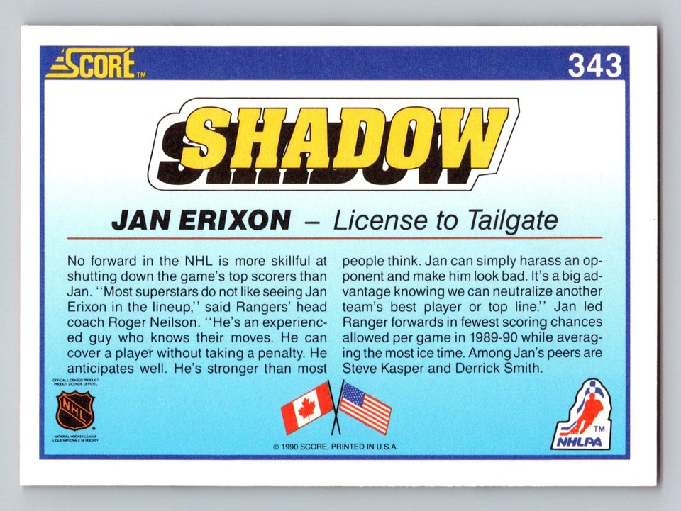 Jan Erixon New York Rangers 1990-91 Score Canadian #343 Trading Card | eBay
