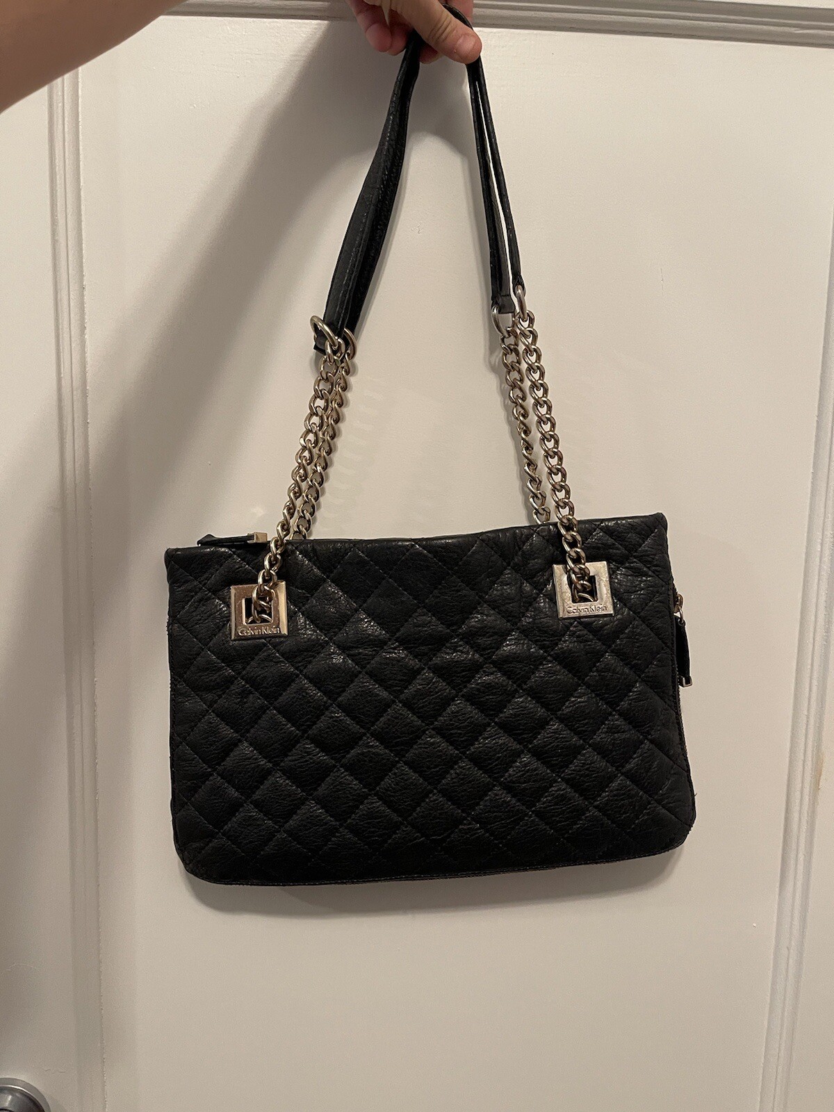 Calvin Klein Quilted Leather Expandable Shoulder Bag Chain Handles ...