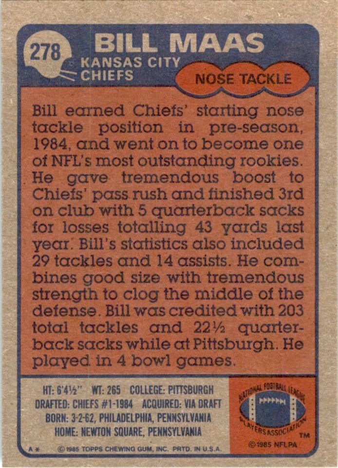 1985 TOPPS BILL MAAS KANSAS CITY CHIEFS #278 | eBay