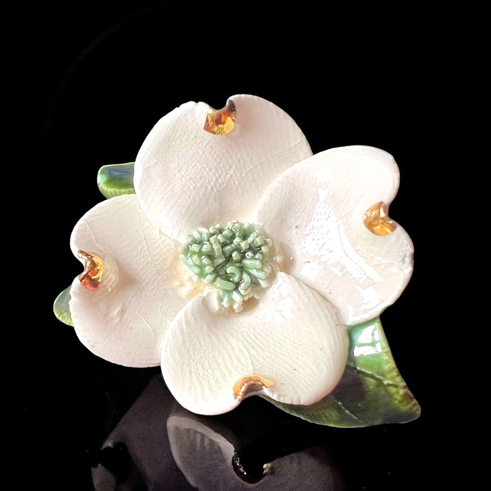 Dogwood Flower Brooch Hand-Painted Porcelain Gold Accents Botanical ...
