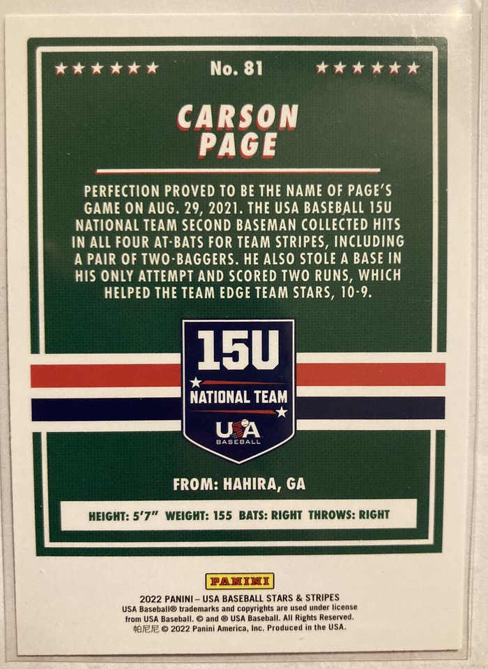 2022 Panini USA Baseball Stars & Stripes Carson Page Red Foil SP ...