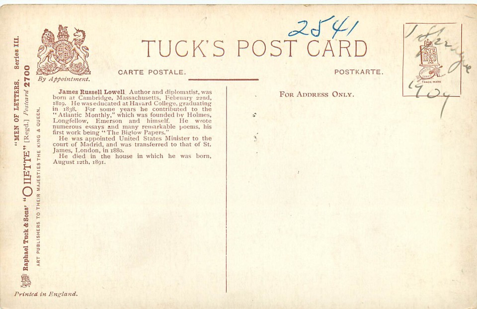 Tuck Postcard Men Of Letters Series III 2700 James Russell Lowell ...