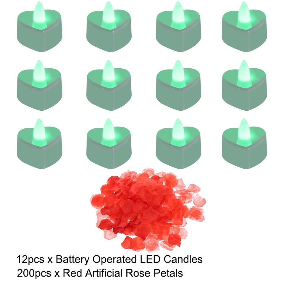 Heart Shaped LED Candles Green Light with Artificial Red Rose Petal, 12 ...