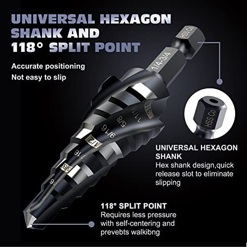 M35 Cobalt Four Spiral Flute Step Drill Bits1/4 3/4"9 Step Size Impact ...