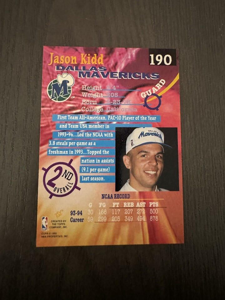 1994-95 Topps Stadium Club Draft Pick #190 JASON KIDD Rookie Card RC ...