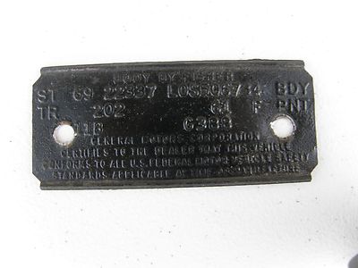 1969 Pontiac Firebird Body by Fisher Cowl Tag Plate Original Expresso ...