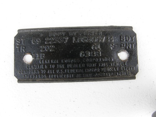 1969 Pontiac Firebird Body by Fisher Cowl Tag Plate Original Expresso ...