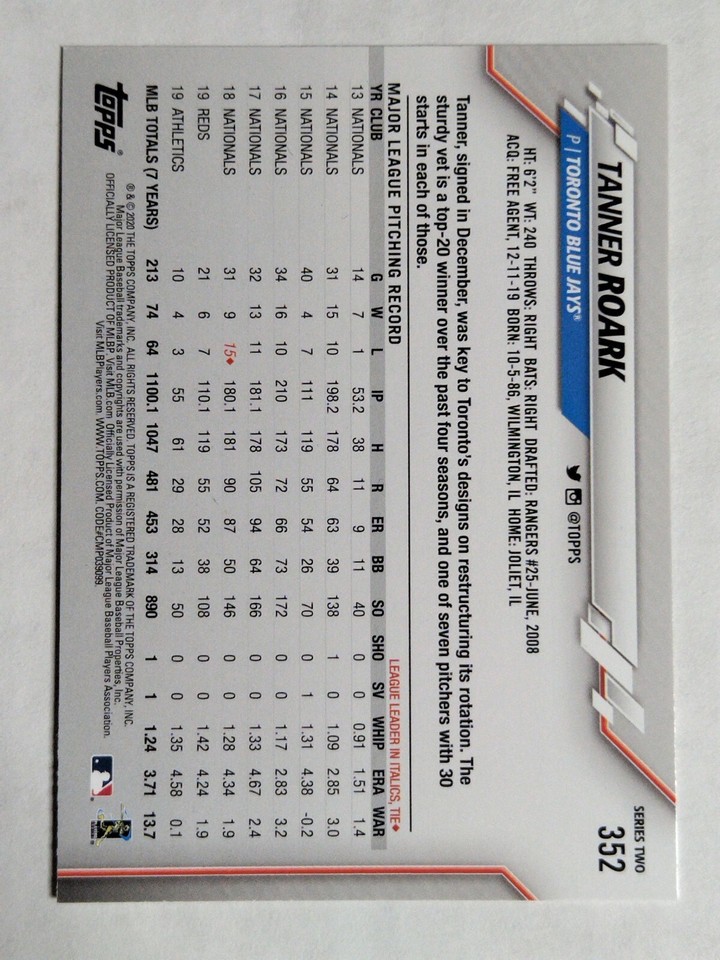 Tanner Roark 2020 Topps Series Two Baseball Card #352 Toronto Blue Jays ...