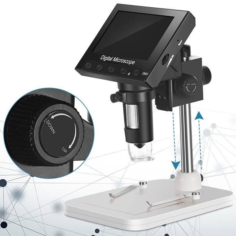 DM3 1000X HD Portable Digital Microscope 4.3" Screen Adjustable Stand ...