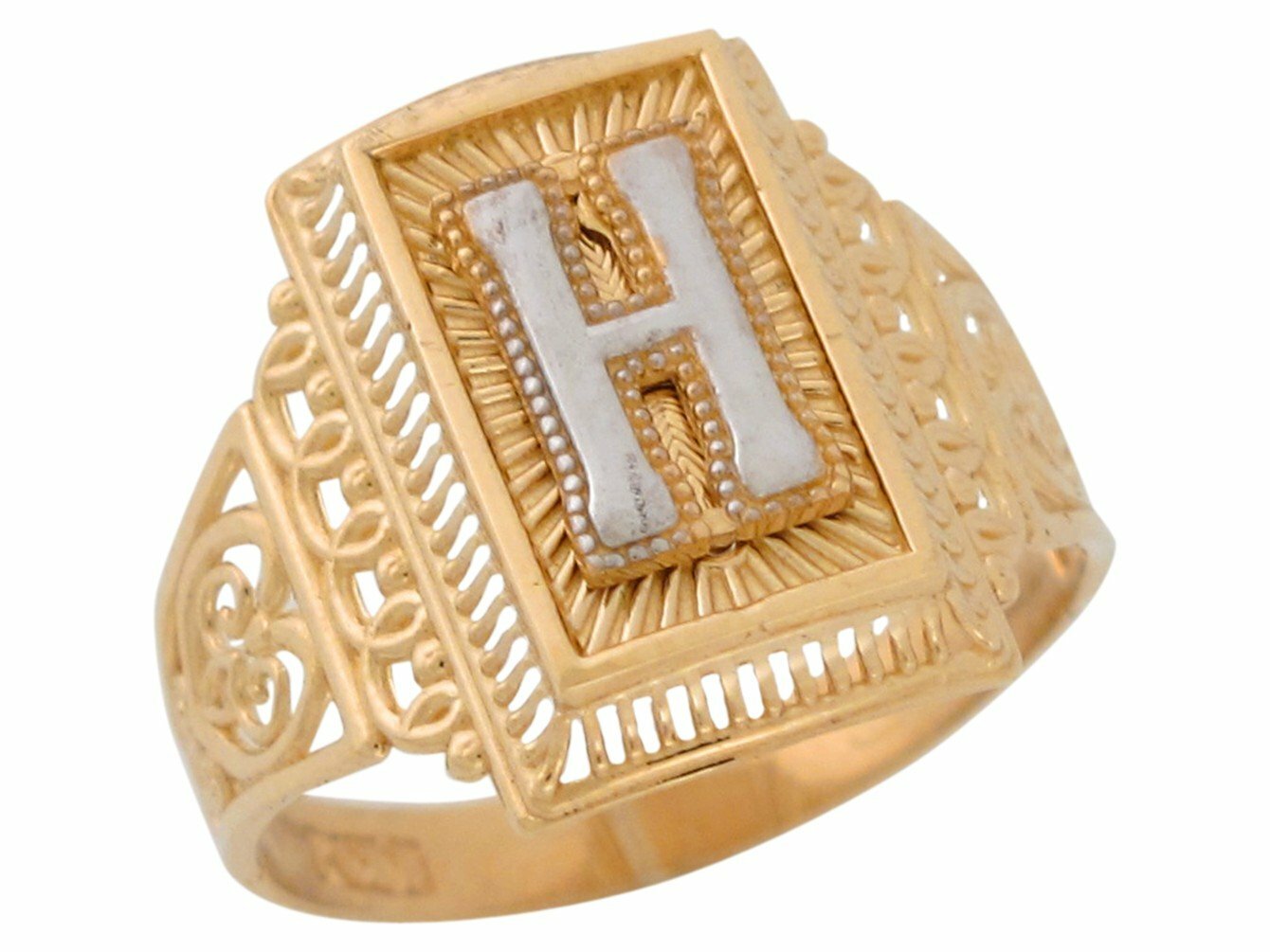 10k or 14k Two Tone Gold Letter H Filigree Band Ladies Rectangular ...