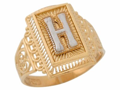 10k or 14k Two Tone Gold Letter H Filigree Band Ladies Rectangular ...