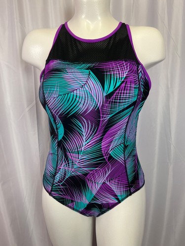 NWOT Swimsuit One Piece Sz 14 Bathing Suit Swim Modest Neckline Mesh ...