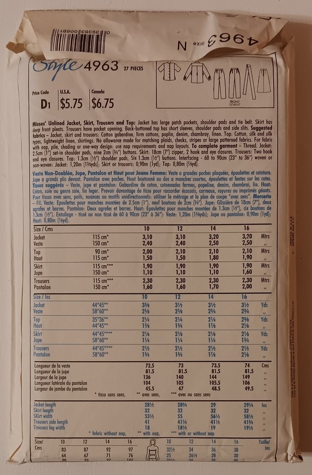 Style 4963 Career Capsule Wardrobe Jacket Skirt Pants Top Pattern UCFF ...