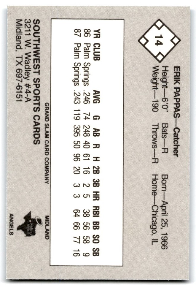 1988 Grand Slam Baseball Card Erik Pappas b Midland Angels #14 | eBay