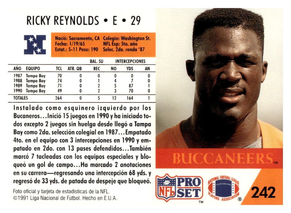 RICKY REYNOLDS 1991 Pro Set Spanish #242 Tampa Bay Buccaneers | eBay