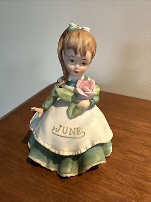 LEFTON Vintage Porcelain JUNE Birthday Girl Green Dress 4.5" Figurine # ...