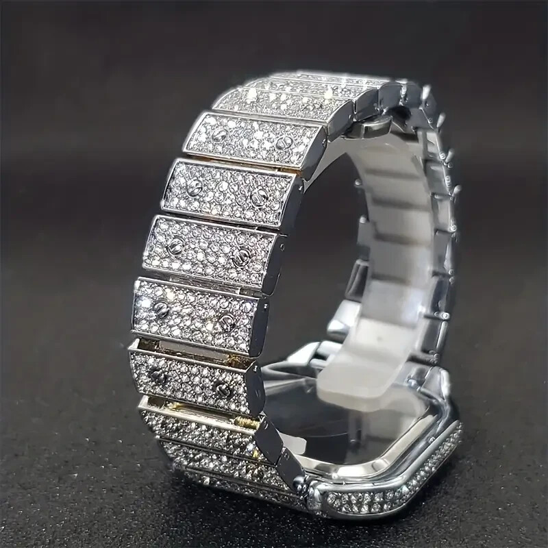 Men's Watch Luxury Iced Silver Simulated Diamond Square Bracelet Metal ...