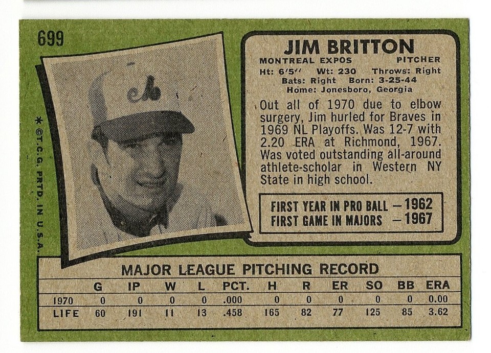 1971 TOPPS MONTREAL EXPOS JIM BRITTON #699 EX+ HI# | eBay
