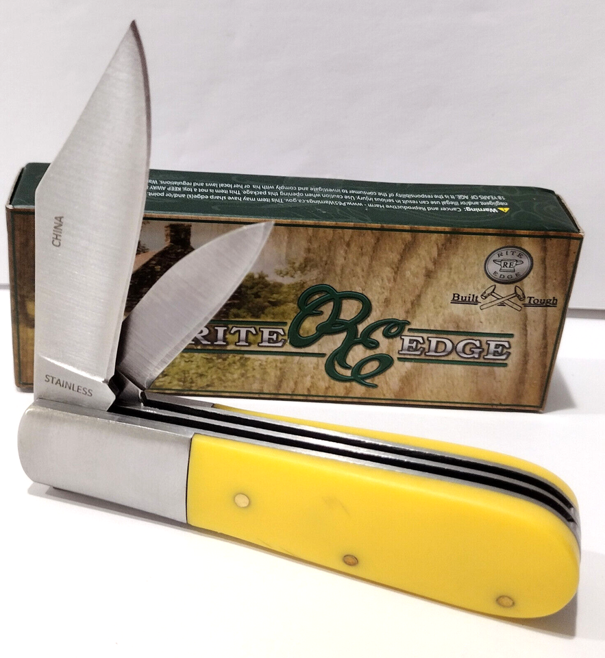 RITE-EDGE Yellow Handle 2 Blade Pen BARLOW Folding Pocket Knife 3 1/4 ...