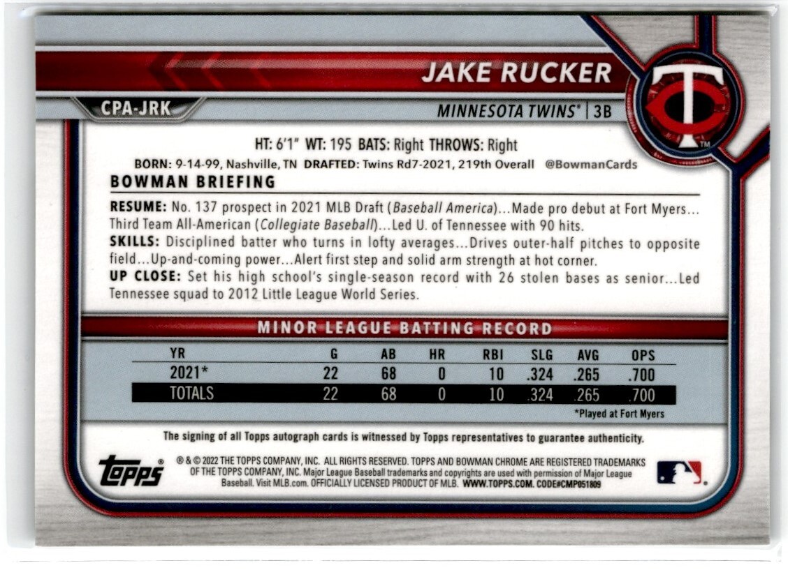 2022 Bowman Chrome Autograph B Jake Rucker #CPA-JRK Auto Minnesota ...