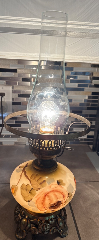 Vintage Hurricane Lamp Table Glass Shade Floral Night Light Corded ...