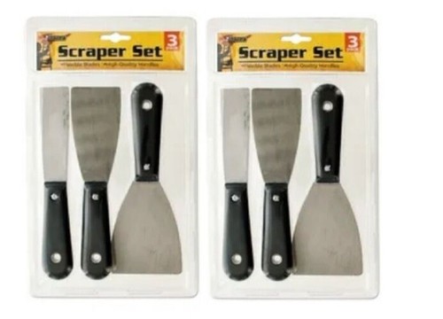 2 Pack 3 pc Scraper Set - Black Bolstered Handle Stainless Steel Putty ...