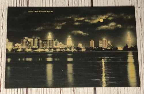Moon over Miami Florida FL Night View Skyline Linen Postcard | eBay