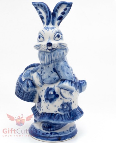 Lady Rabbit Hare in a dress & basket Gzhel Porcelain Figurine hand ...